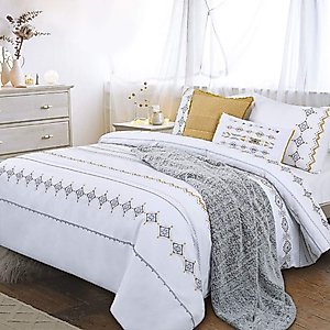YINFUNG Boho Duvet Cover Set White Queen Moroccan Stripe Aztec Geometric Yellow Grey Ethic Tribal Bohemian Vibrant Textured 90x90 Cotton Bedding Set Embroidered Zip Embroidered 3 Pieces