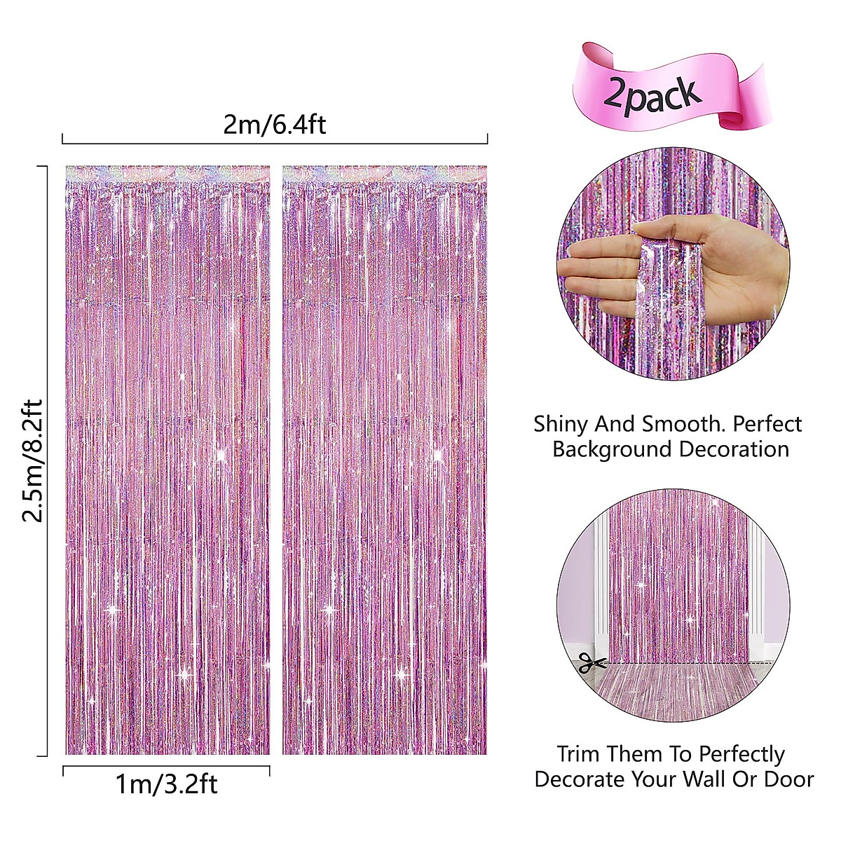 Anwyll Pink Metallic Foil Fringe Backdrop Curtains,2Pack Tinsel Curtain Party Streamers Photo Backdrop for Birthday Decoration,Glitter Pink Backdrop for Wedding Graduation Bachelor Party Decorations