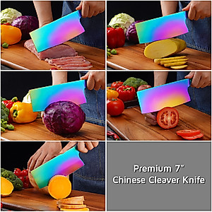 WELLSTAR Rainbow Meat Cleaver, 7 inch Iridescent Chinese Meat Vegetable Butcher Knife, Super Sharp German High Carbon Stainless Steel Chef’s Kitchen Knife with Ergonomic Handle for Home Restaurant