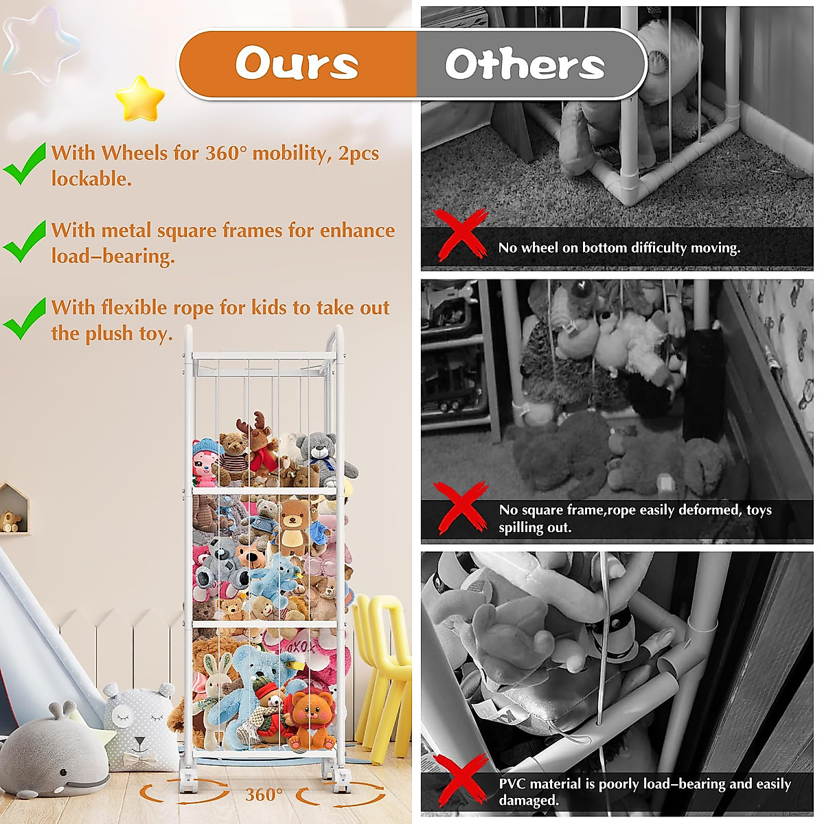 Stuffed Animal Storage, Metal Tube Toy Storage Organizer Extra Large Stuffed Animal Holder With Brake Wheels, Stuffed Animal Zoo Organizer For Nursery Playroom Kids Room White(53.5” x 18.1”x 13”)