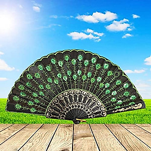 RAZZUM 2 Pcs Handmade Sequins Peacock Dancing Fans Foldable Fan Sequin Fan Hand Fans for Women Peacock Fan Folding Fan Spanish Hand Fan Flower Folding Fan Summer Handheld Fan Silk Fan Fan