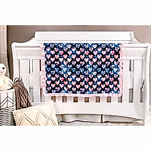 Top Tots Baby Blanket - Small Colored Hearts with Pink Minky Dot & Satin Ruffle, 31 x 31 Inch Blue