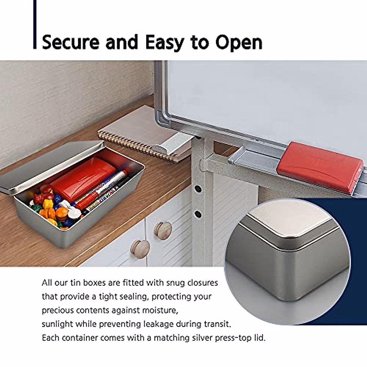 Silver Metal Tin Box Lids - Large Containers, Holder for Keeping Car Keys, Cookie, Pencil Case, 8.2 x 4.7 x 2.4 inch