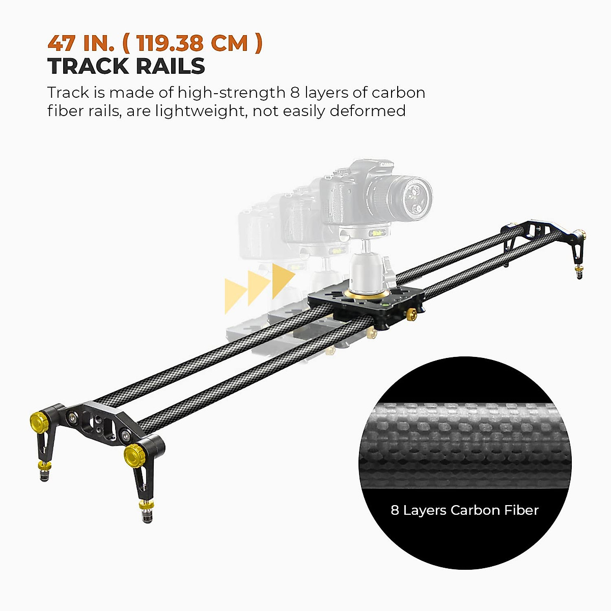 LimoStudio (Upgraded) 47 in Carbon Fiber Camera Slider / 120cm Dolly Track Rail, Smooth Bearing Stabilizer, Height Adjustable, Spirit Level, AGG1982