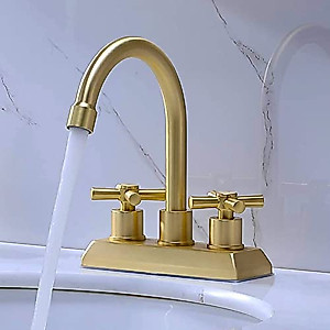 VAPSINT 2 Handle 4 Inch Centerset Brushed Gold Bathroom Faucet,Modern Commercial 2 Hole Gold Bathroom Sink Faucet,Laundry Basin Vanity Sink Faucet with Supply Lines and Pop up Drain Combo