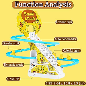 JOYGETIN Small Ducks Climbing Toys,Electric Duck Climbing Stairs Tracks Slide Toy Set,Duck Roller Coaster Toy with Flashing Lights & Music On/Off Button