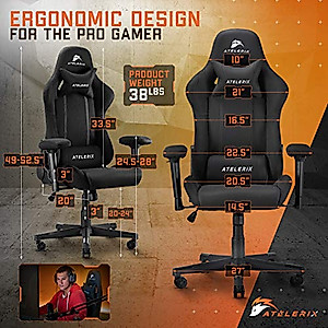 Atelerix Ventris Noir Gaming Chair - Use as Desk, Office or Computer - Tilting Mechanism and Ergonomic Adjustable Swivel Game Chair w/ 4D Armrests & Armrest Covers, Headrest and Lumbar Support