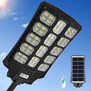 8000W Solar Street Lights Outdoor, Wide Angle Solar Powered LED Light Outside, 50000 mAh Hi-capacity Battery Flood Lamp Dusk to Dawn, Remote Control, Motion Sensor, IP67 Waterproof, Pole or Wall Mount