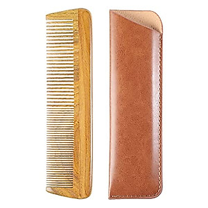 Onedor Handmade 100% Natural Green Sandalwood Fine Tooth Wooden Comb for Men Hair, Beard, and Mustache Styling Pocket Comb With Leather Case (2 in 1)