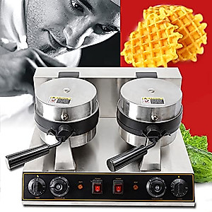 Commercial Dual-Head Rotating Non-Stick Round Belgian Waffle Maker - 1500W 7 Inch Stainless Steel Waffle Iron Machine for Restaurant or Bakery - Temperature and Time Control, 110V