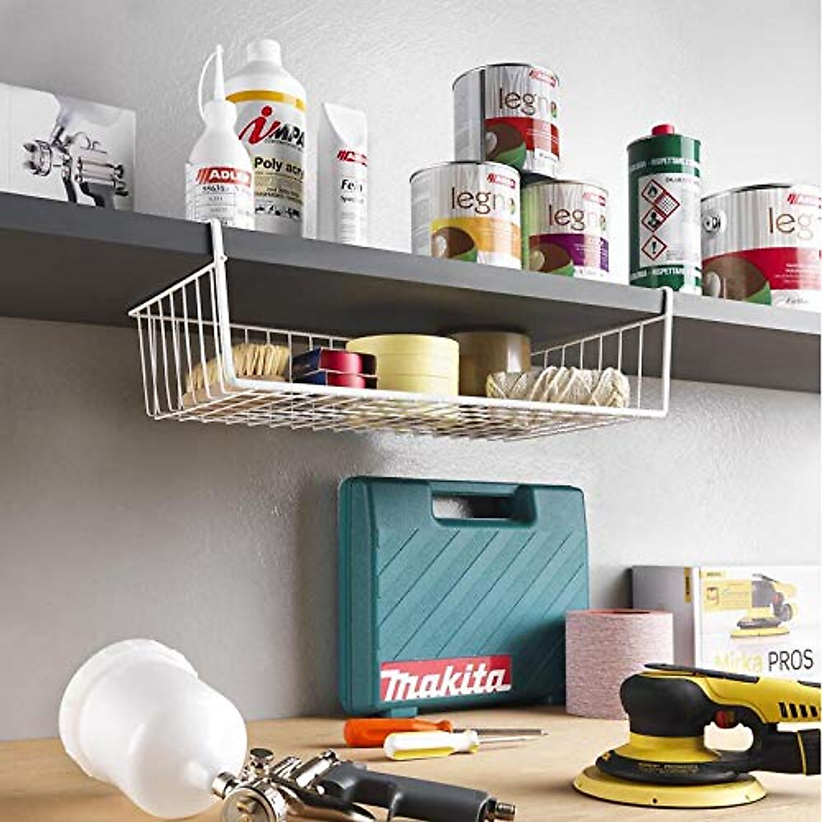 Tebery 2 Pack White Under Shelf Wire Basket Hanging Storage Baskets, Under Cabinet Add-on Storage Racks Slide-in Baskets Organizer for Kitchen Pantry Desk Bookshelf