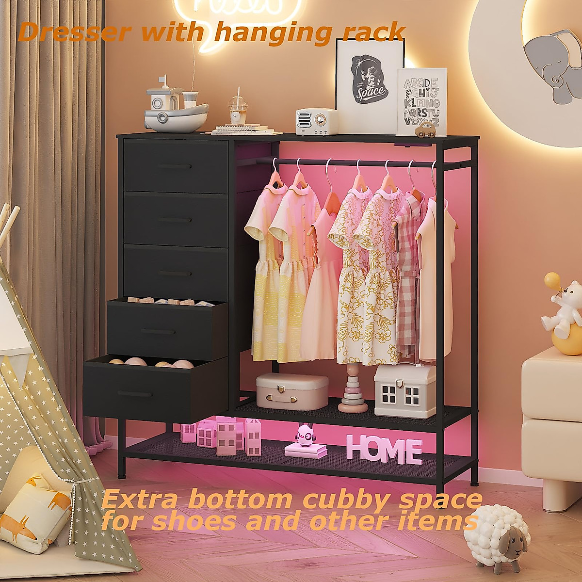 Dresser for Bedroom, Dresser with Hanging Rack Led Lights and Charging Station, Black Bedroom Dresser with 5 Fabric Chest of Drawers with PU Finish Storage Organizer, for Living Room Kids Room, Black