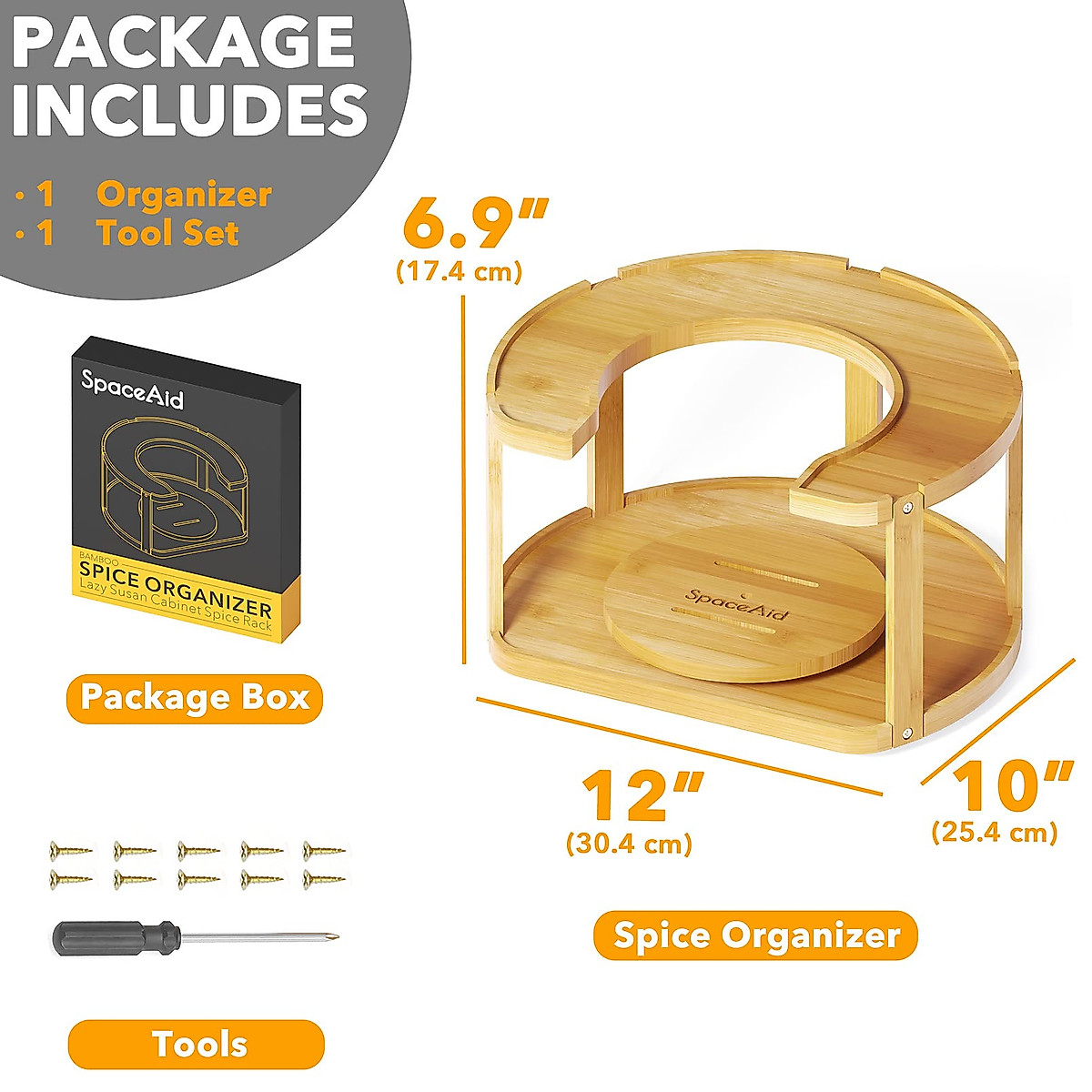 SpaceAid 2 Tier Bamboo Spice Rack Organizer, Lazy Susan Turntable for Cabinet, Home Kitchen Spices Spinning Rotating Shelf Racks for Pantry Seasoning Bottle Holder Storage (Two Tier, Natural)