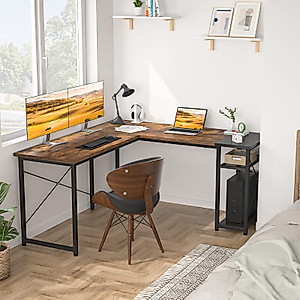 Ecoprsio L-Shaped Desk Large L Shaped Gaming Desk with Storage Shelves Industrial Corner Desk Writing Study Table for Home Office Gaming Workstation, Rustic Brown and Black