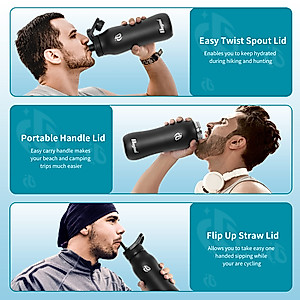 Beglad 24 oz Water Bottle Flask Jug, Vacuum Insulated Stainless Steel Water Bottle whit 3 Lids, Double Walled Metal Canteen Water Jug Thermo Mug, Hot Cold Water Bottles for Gym Travel Sports, Black