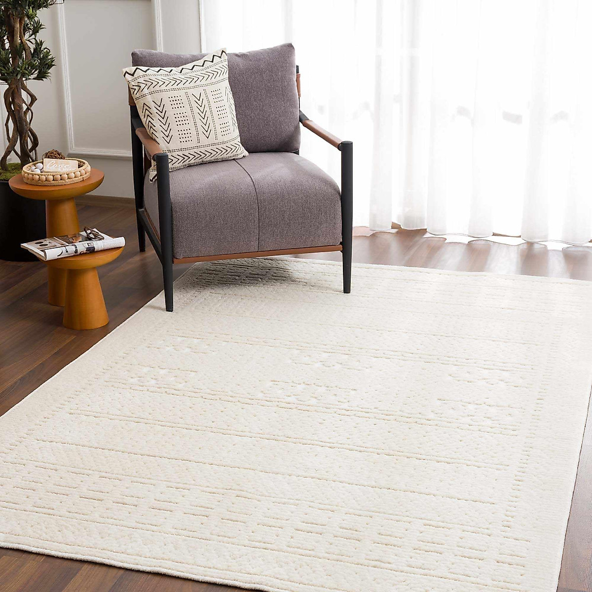Hauteloom Bahar Living Room, Bedroom Machine Washable Area Rug - Bohemian Modern Farmhouse - Moroccan Transitional - White, Off White, Light Cream - 7'10" x 10'1"