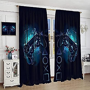 VTgclt Video Game Blue Gamepad Blackout Curtains, Console Game Controller,Thermal Insulated Drapes Rod Pocket Cafe Bedroom Living Room Kitchen Dining Room 2 Panels-52 W x 84" L
