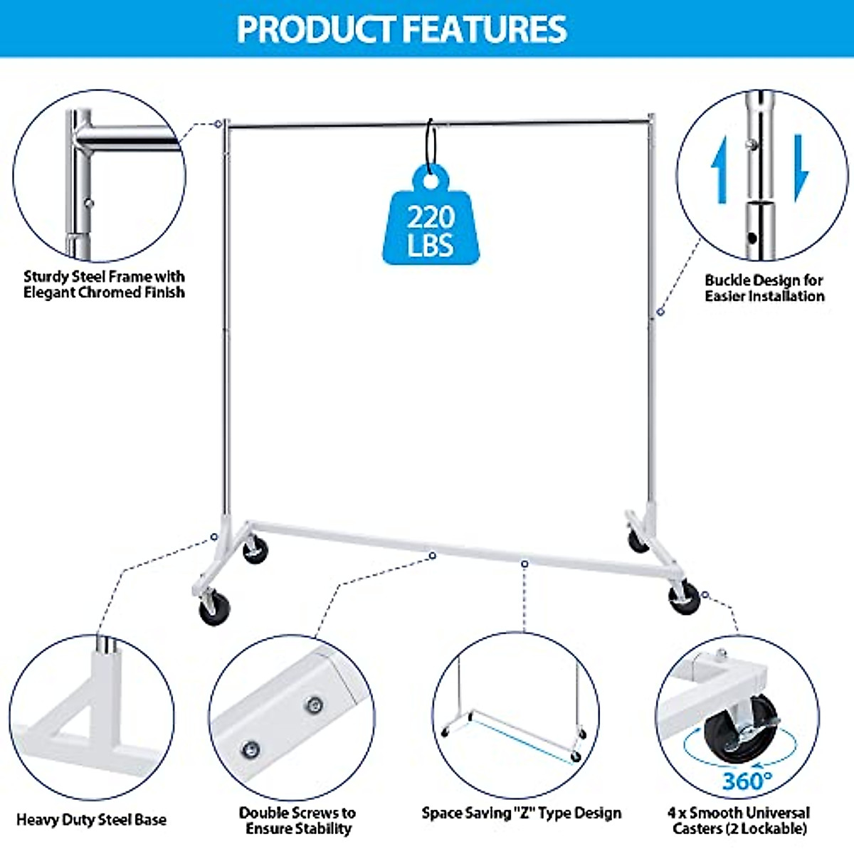 ZenStyle Clothes Rack Z Base Clothing Garment Rack on Wheels Commercial Heavy Duty Rolling Clothing Coat Rack Holder, Holds up to 220 lbs