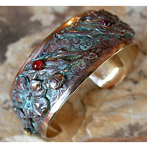 Elaine Coyne Collectible Artwear Cherokee Rose Floral Cuff - Amethyst, Aragonite, Carnelian, Garnet - USA Made