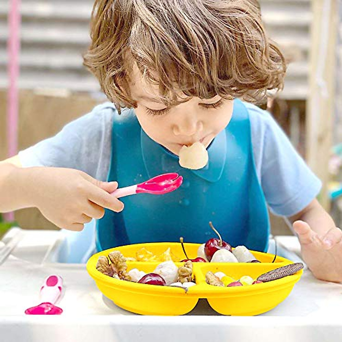 Wee me Suction Plates for Babies & Toddlers - Silicone Plates with Lids and Spoon Fork For Baby, Dishwasher and Microwave Oven Safe, 3 Pack (Green, Pink & Yellow)