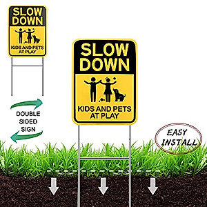 Eyoloty Slow Down Sign with H Stake,16"x12" Kids & Pets at Play Sign for Street Neighborhoods,Double Sided Children Playing Safety Sign,Waterproof,Fade Resistant,Kids Playing Sign for Street 3 Pack