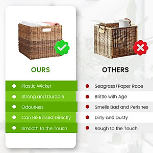 Wicker Storage Baskets 2-Pack, 12.6in Cube Storage Bins, large Woven Baskets for Shelves, Waterproof Wicker Baskets Foldable Organizer for Laundry Room, Bedroom, Living Room, Nursery Room, Set of 2