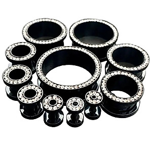 Lobal Domination PAIR of Stunning Clear CZ Gem Rimmed Black PVD Steel Screw Fit Tunnels - Plugs - Gauges - Body Jewelry (00g (10mm))