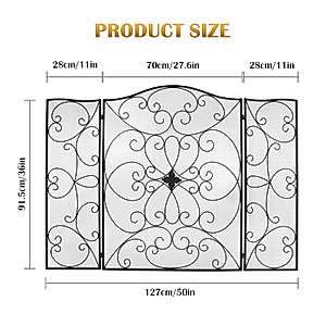 POWLAB Black Fireplace Screen 50 x 36Inch Large 3 Panel Foldable Wrought Iron Free Standing Fireplace Screen Rustic Vintage Arched Mesh Furnace Fireguards Outdoor Iron Protector Fireplace Cover