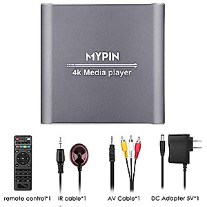 4K Media Player with Remote Control, Digital MP4 Player for 8TB HDD/USB Drive/TF Card/H.265 MP4 PPT MKV AVI Support HDMI/AV/Optical Out and USB Mouse/Keyboard-HDMI up to 7.1 Surround Sound (Grey)