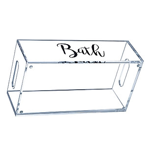 MyGift Hotel Series Premium Clear Acrylic Bathroom Storage Container Bin Tray with Cutout Handles and Cursive Bath Decoration for Countertop or Cabinet Organization