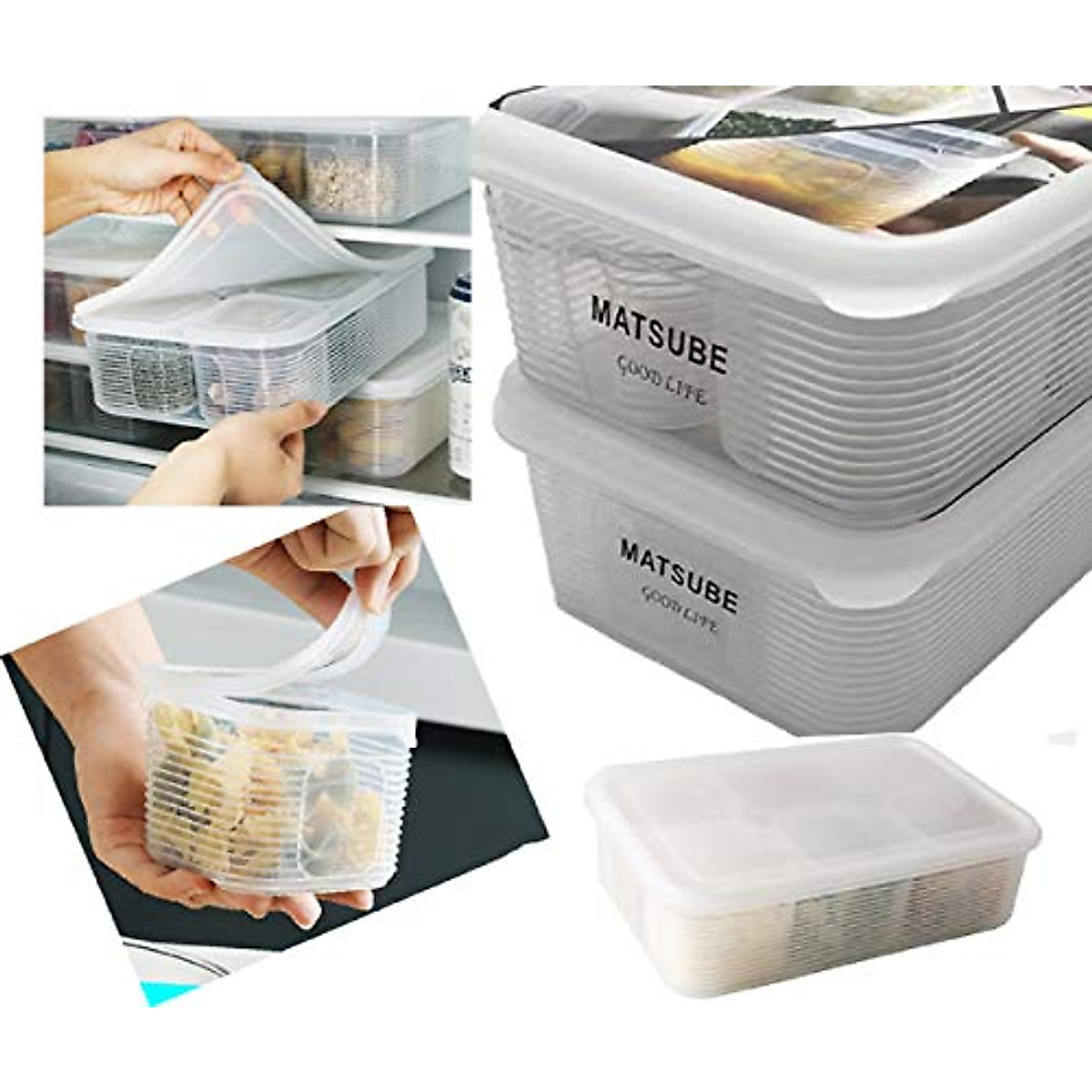 MATSUBE Fridge Food Storage Container- Reusable Fresh Produce Divided Fruit Storage Organizer Plastic Produce Organizer with 6 Detachable Small Boxes to Keep Fresh for Storing Fish, Meat, Vegetables