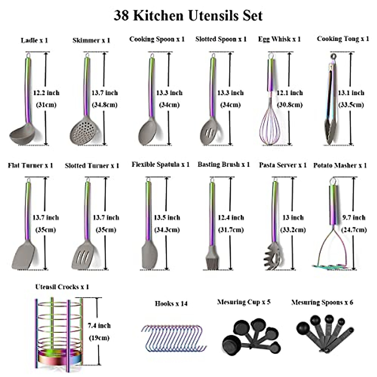 38 Piece Silicone kitchen Cooking Utensils Set with Utensil Crocks, Silicone Head and Stainless Steel Handle Cookware, Kitchen Tools for Utensil Set, Non-Stick kitchen Gadgets,Dishwasher Safe(Rainbow)
