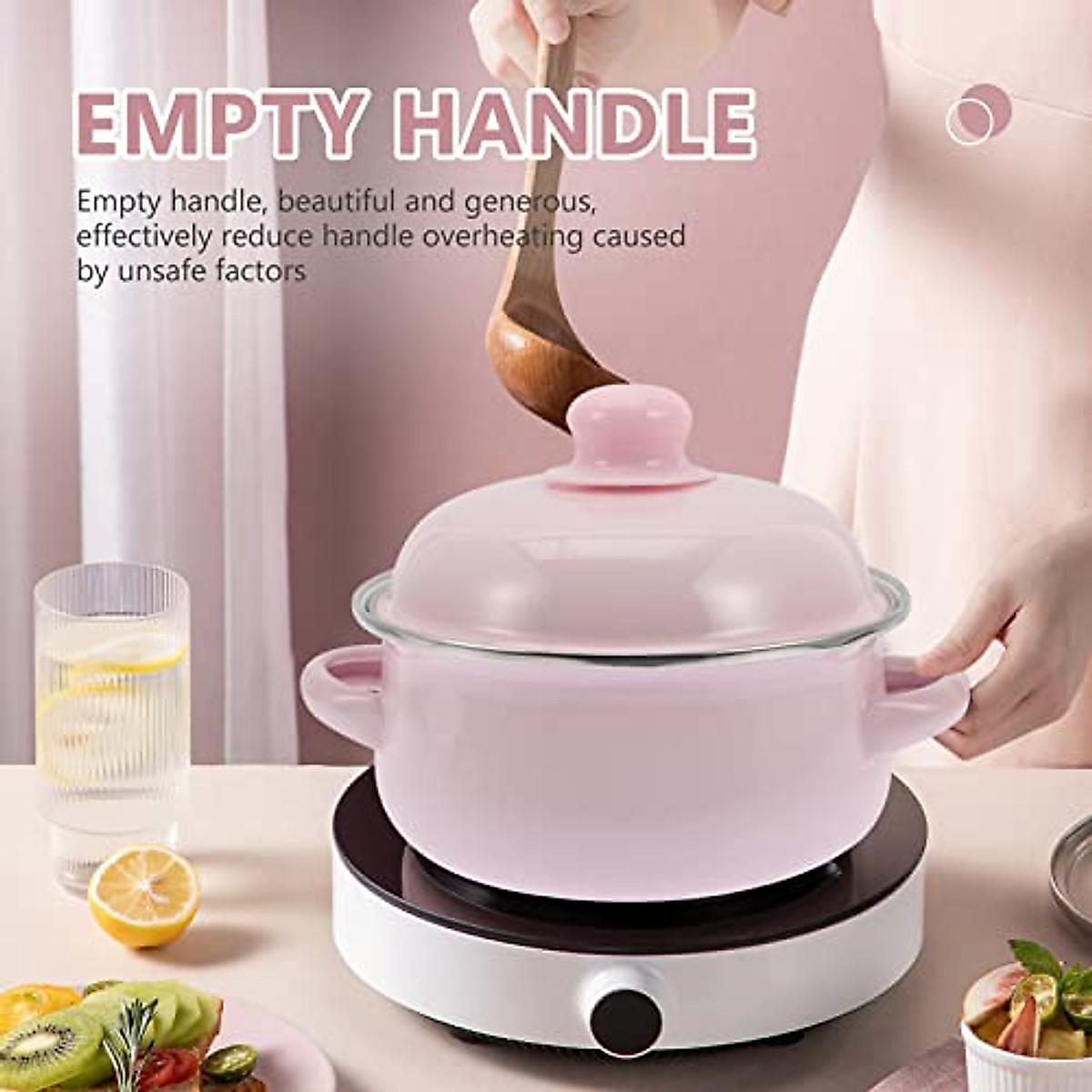 Luxshiny Enamel Soup Pot Vintage Stew Pot Stock Pot with Double Handle Soup Pasta Cooking Pot Noodle Porridge Pot for Kitchen Induction Cooktop Gas Stove 1. 1L 16cm