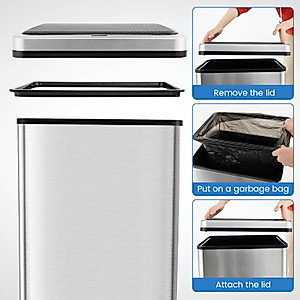 Goplus Stainless Steel Trash Can 13 Gallon, Automatic Motion Sensor Garbage Can with Stay-on Lid and Soft Closure, Elevated Tall Waste Bin with Detachable Legs for Kitchen, Office, Silver