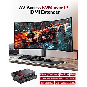 4K HDMI USB KVM Extender TCP/IP Over Single Cat5e/6/6a/7 up to 120M(390ft), 1080P@120Hz, Plug & Play, Keyboard & Mouse Over Network, Zero Latency, 3 Ports USB Hub, DIP up to 16 Sets (4KIP100-KVM)
