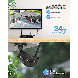 ZOSI 2K 3MP Wireless Security Camera System Outdoor Indoor, 4 x 3MP WiFi IP Camera and H.265+ 8CH NVR with 1TB Hard Drive for 24/7 Recording, Night Vision, Motion Alert, Remote Control