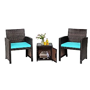 Tangkula 3 Pieces Outdoor Wicker Bistro Set with Waterproof Cover, 2 Patio PE Rattan Cushioned Chairs with Side Storage Table, Suitable for Front Porch, Balcony, Garden, Poolside and Yard (Turquoise)