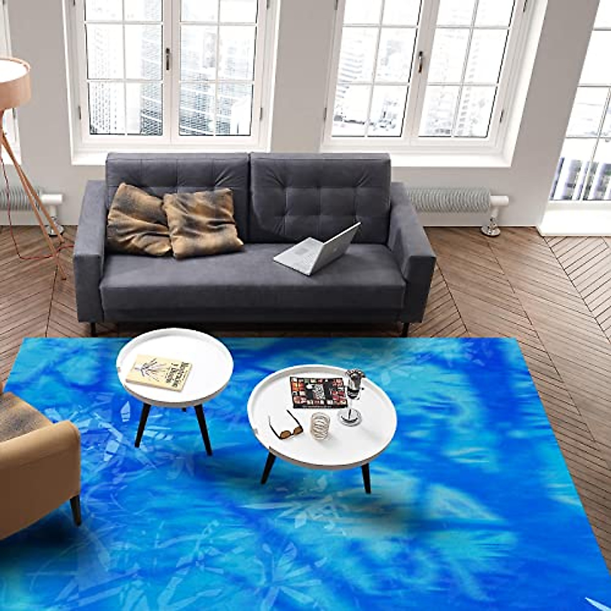 Area Rugs for Living Room, 4' x 6' Blue Tree Shadow Plush Microfiber Throw Carpet, Mottled Modern Abstract Art Aesthetics Bedroom Floor Mat Kitchen Runner Non Slip Bathroom Rug