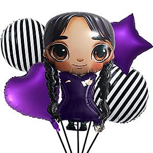 31" Gothic Cartoon Girl & Mixed Gothic Balloons Set: 5pcs Foil Balloons Black Striped, Star, and Heart Purple Balloons for Mysterious Character theme Party, Birthday, Halloween, and Costume Parties