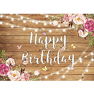 Rustic Wood Floral Birthday Backdrop Spring Pink Flower Wood Glitter Happy Birthday Photography Background Women Girl Newborn Kids Adult Birthday Party Wedding Decoration Photo Shoot Props 7x5FT