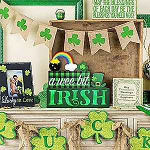 St Patrick's Day Wooden Block Sign with Led Lights- A Wee Bit Irish Shamrock Light up Wood Sign for Table Mantle- Irish Festive Farmhouse Home Battery Operated Wooden Sign Tabletop Tiered Tray Decor