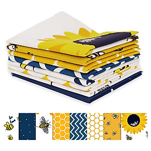 Soimoi 8 Pc Fat Quarter Bundle - Bee Print 18"x 22" DIY Patchwork- 100% Cotton Pre-Cut Quilting Fabric (Yellow & Blue)