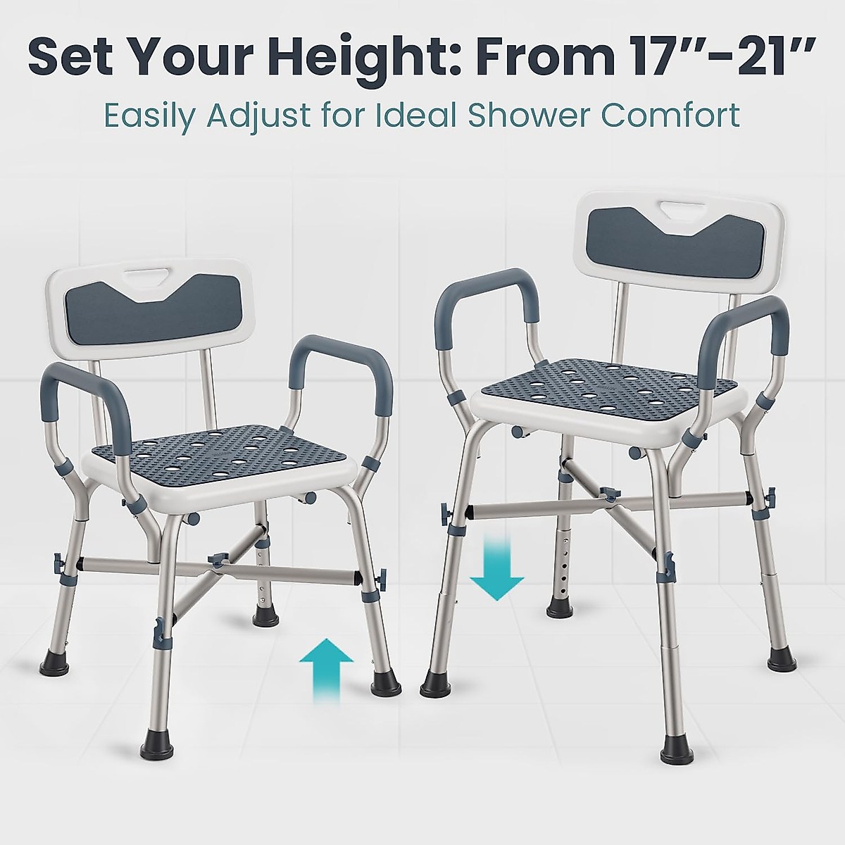 PELEGON Shower Chair (450lb) with Padded Armrests and Back, Shower Chair for Elderly and Disabled, Adjustable Height Shower Seat, Heavy Duty Shower Chair for Inside Shower, Handicap Shower Chair- Blue