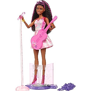 Barbie 65th Anniversary Doll & 10 Accessories, Pop Star Set with Brunette Singer Doll, Toy Stage with Moving Feature & More