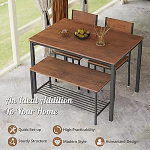 Giantex Dining Table Set for 4, Kitchen Table with Bench and Chairs, Industrial Gathering Bench Dining Set W/Metal Frame & Storage Rack, Dinette Set, Modern Functional Desk Set (Brown)
