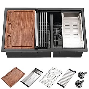 33 Black Undermount Kitchen Sink Workstation - iAnomla 33 x19 Inch Black Kitchen Sink Undermount Sink 16 Guage Stainless Steel Ledge Workstation 60/40 Double Bowl Kitchen Sink with Cutting Board