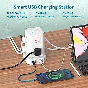 Surge Protector Power Strip Tower with USB Ports, 6FT Charging Station Long Extension Cord with Multiple Outlets, 8 AC Multi Plug Outlet Extender 4USB Ports 1800J Overload Protection for Home Office