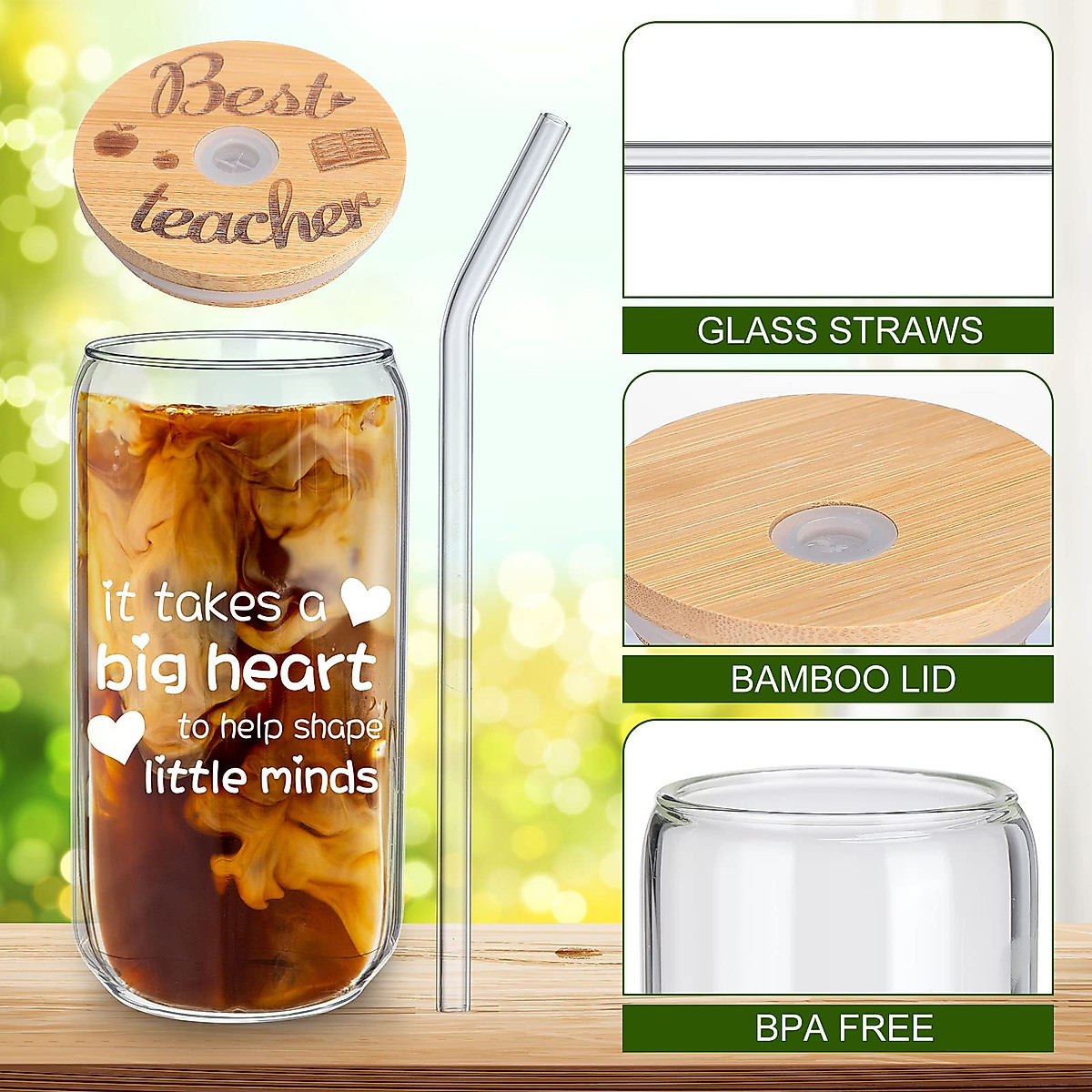 Gerrii 2 Pieces Teacher Gifts For Women Teacher Appreciation Gift Teacher Glass Cup 16 oz Drinking Glass Iced Coffee Glass Cup with Bamboo Lid and Straw
