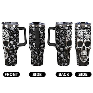 Black And White Skulls Insulated Stainless Steel Travel Mug, 40 Oz Tumbler with Handle And Straw Double-Wall Vacuum Coffee Cup, Leak-Proof Lid, Keeps Drinks Hot/Cold for Hours