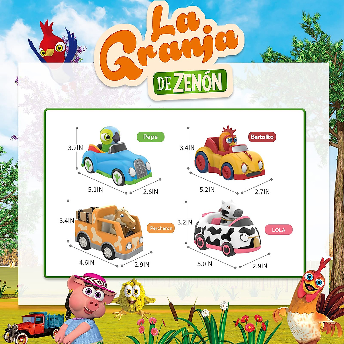 TOYMAKER La Granja De Zenon Kids Car Bartolito Chicken Toys Push and Go Cars Toys Lorito Pepe Bird Toys Friction Powered Inertia Cars for Toddlers 1-3 Birthday for Girls Boys